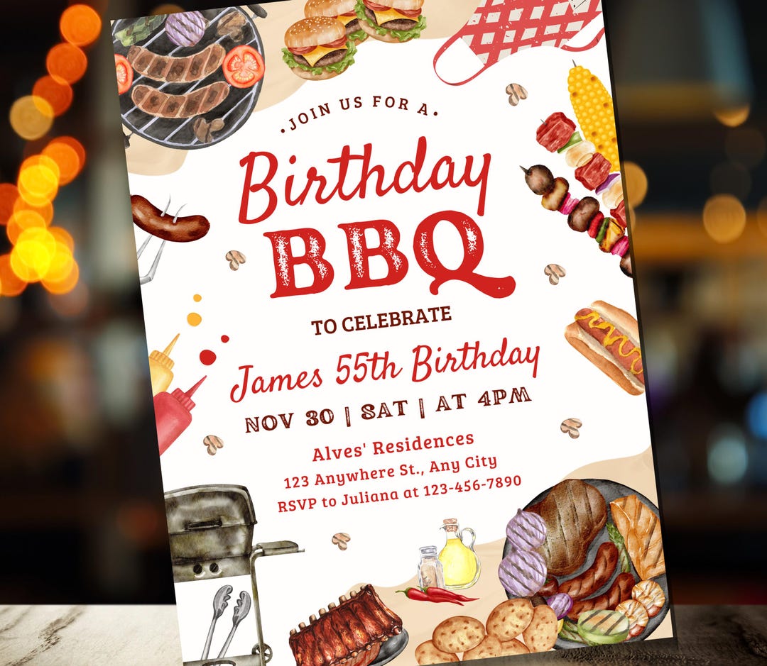 Editable BBQ Birthday Invitation, Barbeque Family Backyard Grill Steak ...
