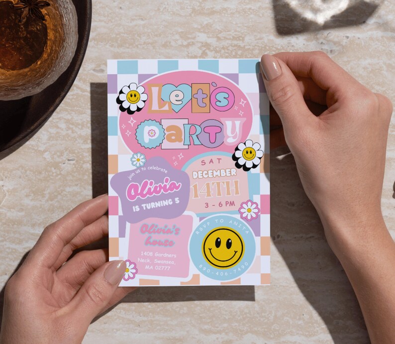 Editable Smiley Face Birthday Invite, Groovy Retro Checkered Emoji ...