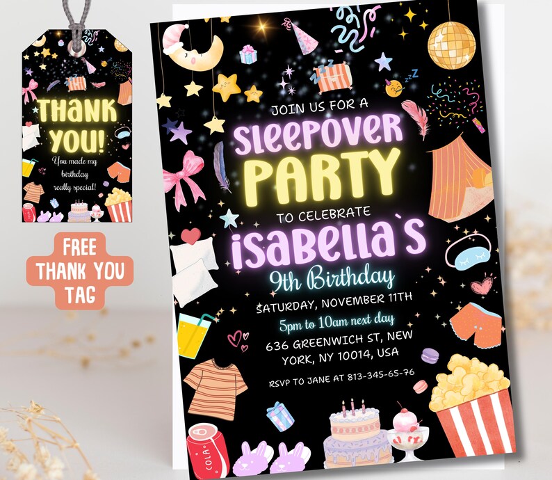 Editable Sleepover Invitation, Slumber Tween Overnight Invite, Pajama ...
