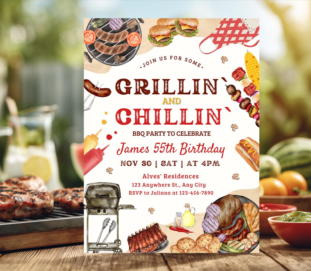Editable BBQ Adult Birthday Invitation, Barbeque Family Backyard Grill ...