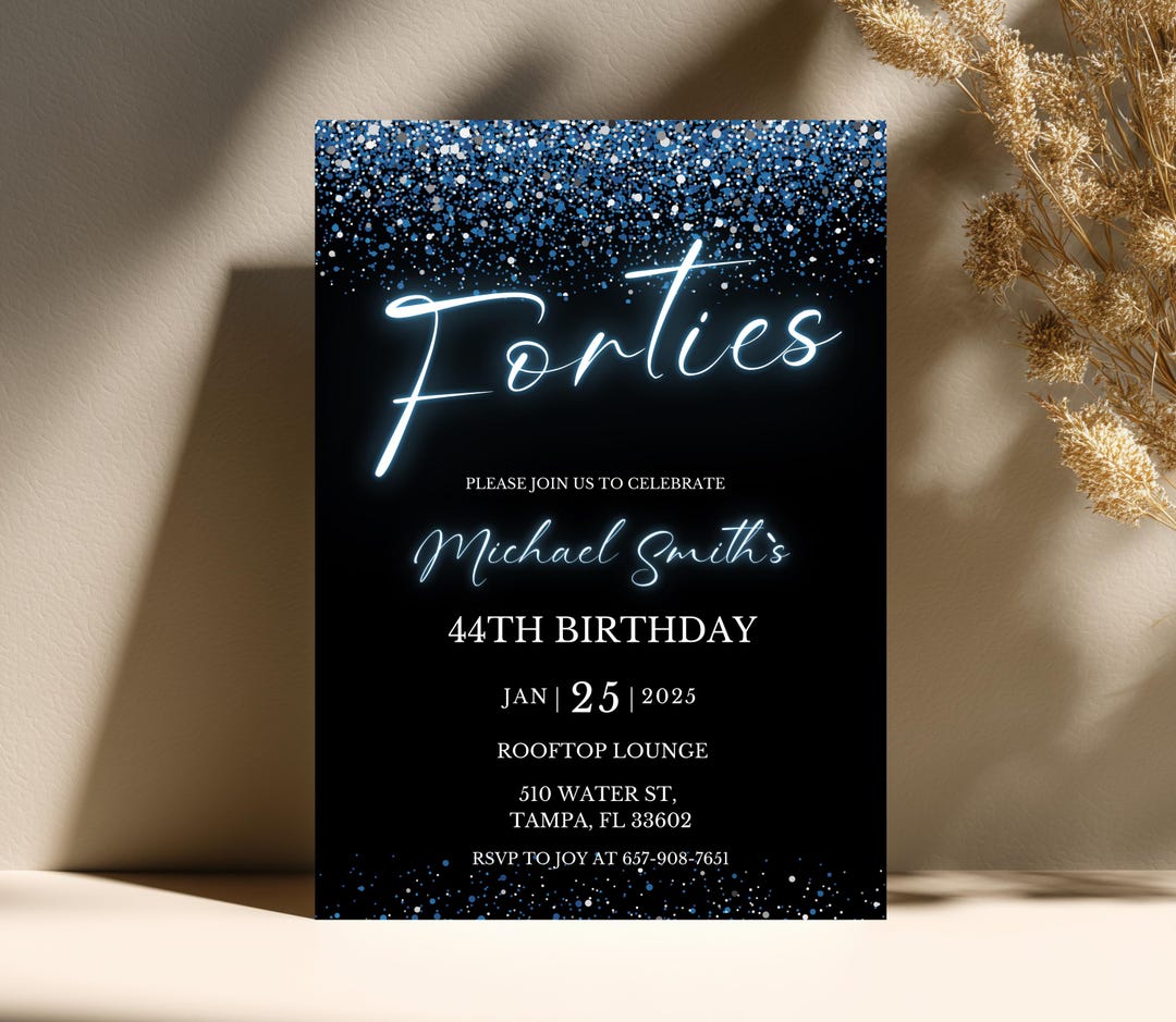 Editable 40th Adult Birthday Invitation, Forties Neon Blue Party, Any ...