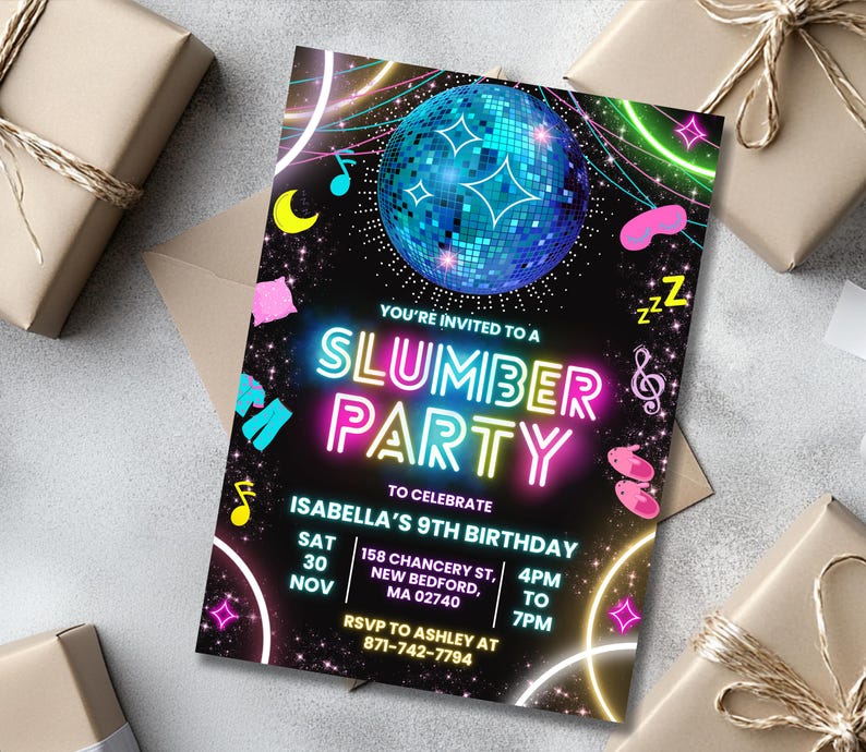Editable Neon Sleepover Birthday Invitation, Sleepover Pajama Party ...