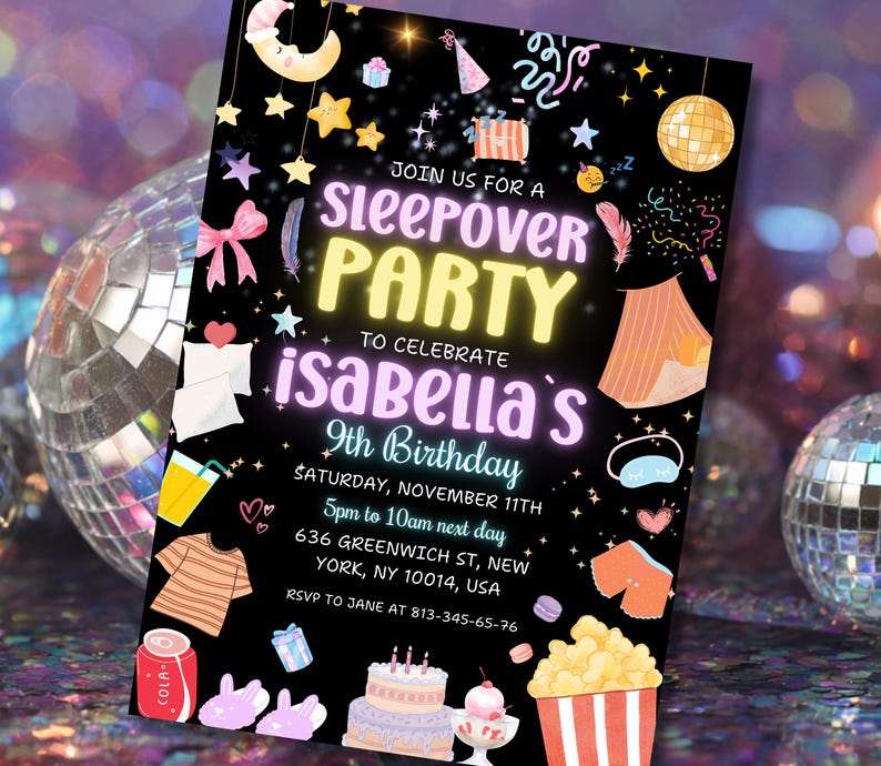 Editable Sleepover Invitation, Slumber Tween Overnight Pajama PJ Party ...