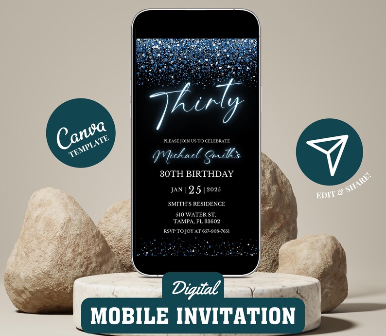 30th Birthday Mobile Invite, Thirties, Neon Blue Invite, Text Message ...