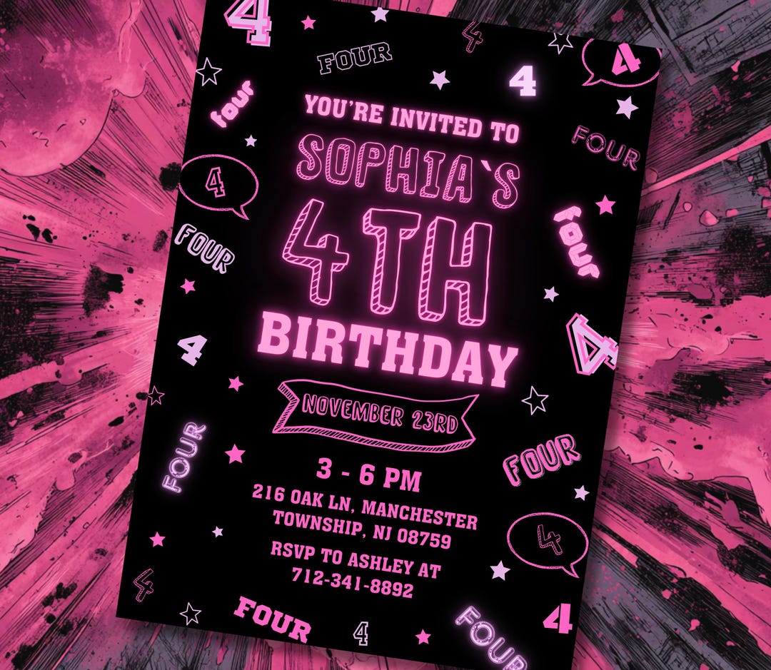 Editable Pink 4th Birthday Invitation, Neon Four Numbers Kids Invite ...