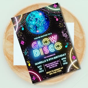 Editable Glow Disco Birthday Invitation, Disco Gender Neutral Invite ...