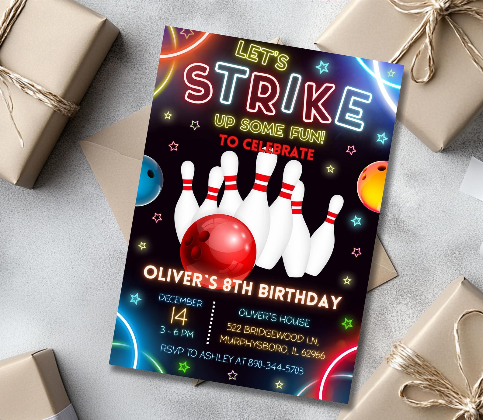 Editable Bowling Invitation, Neon Bowling Birthday, Bowling Party, Boy ...