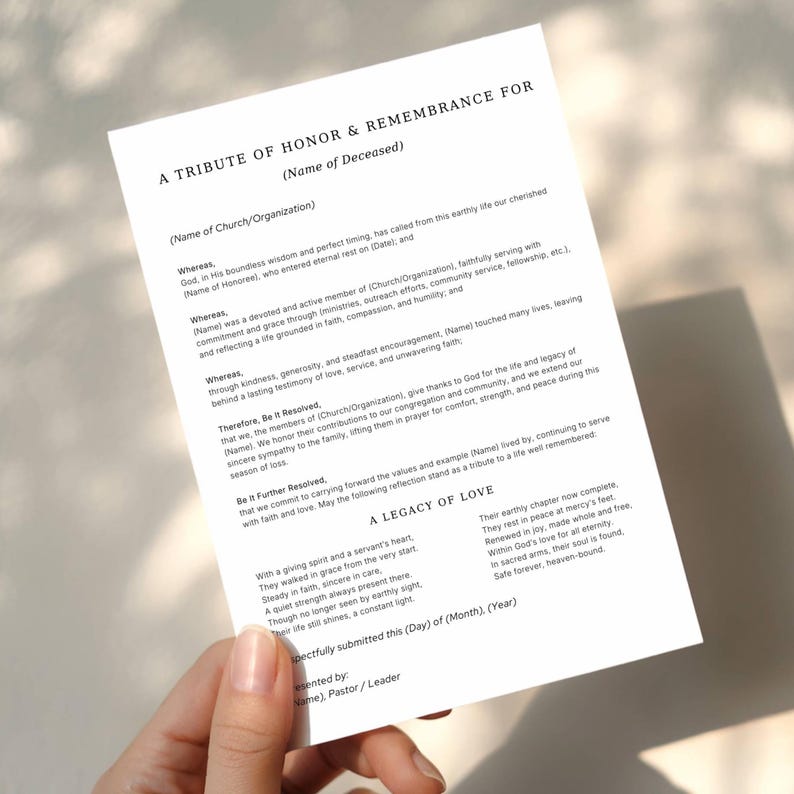 Editable Funeral Resolution Letter, Church Grievance Tribute Honor ...