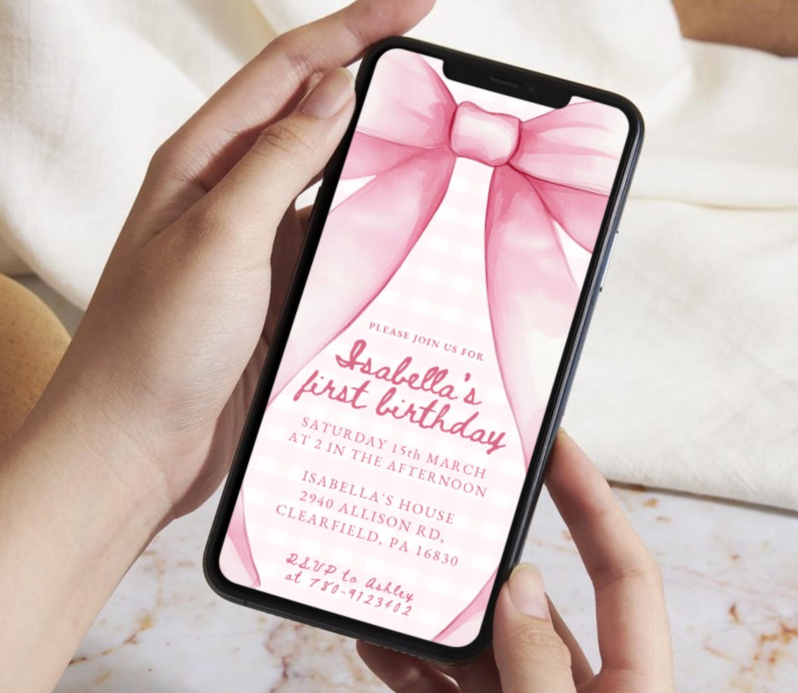Pink Bow Birthday Mobile Invitation, 1st Birthday Girl Evite, First ...