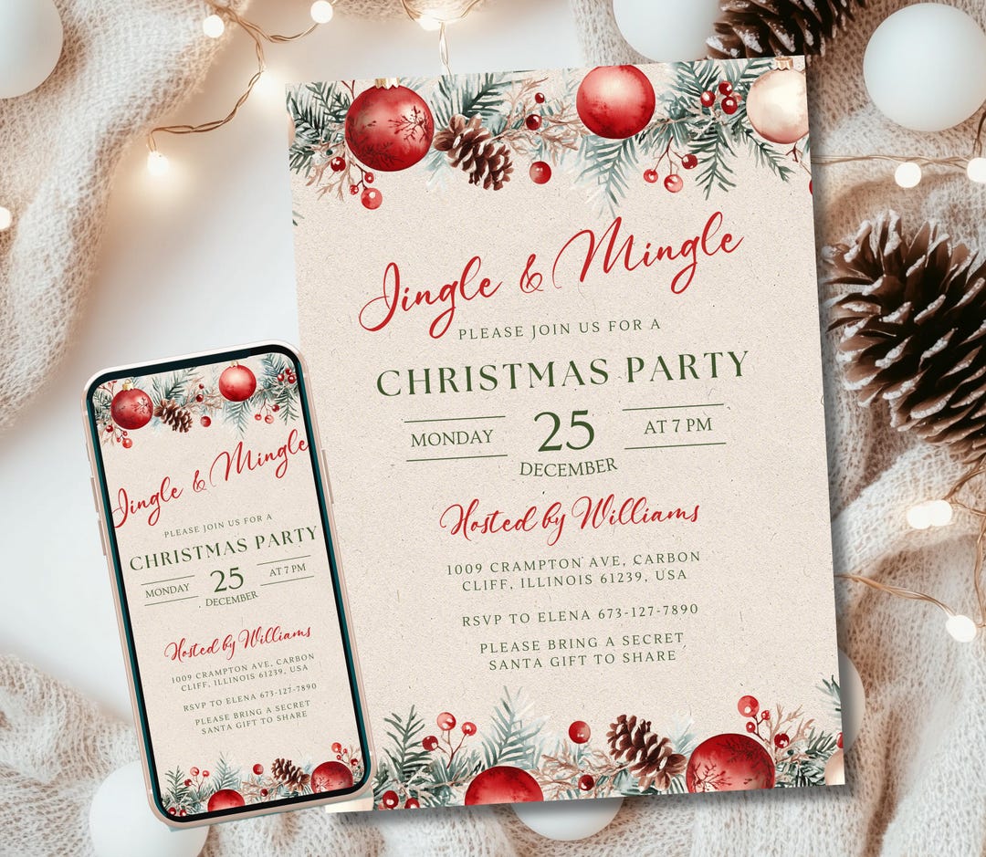 Jingle Mingle Invitation, Holiday Party Invite Template, Editable ...