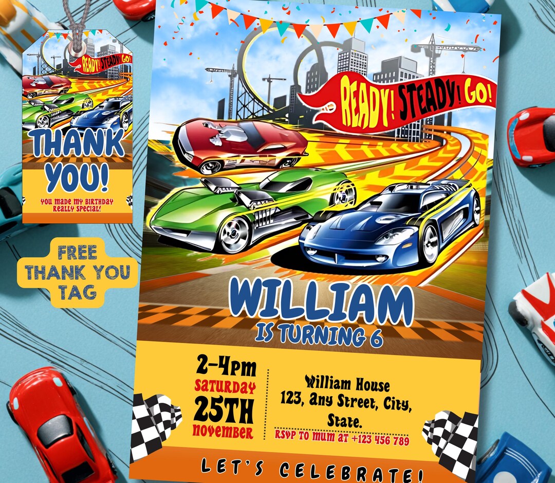 Hot Race Cars Boy Birthday Invitation, Race Track Car Invite, Ready ...