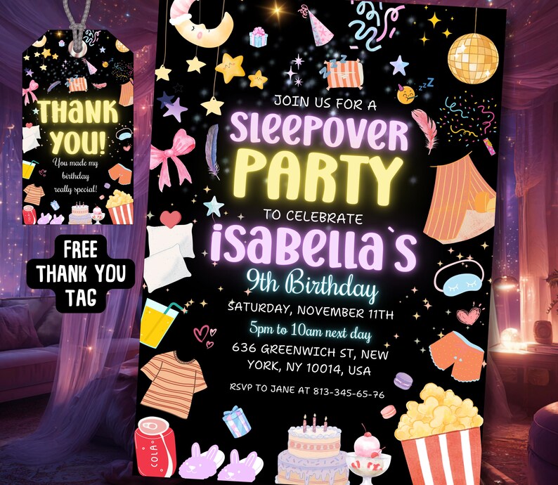 Editable Sleepover Invitation, Slumber Tween Overnight Invite, Pajama ...