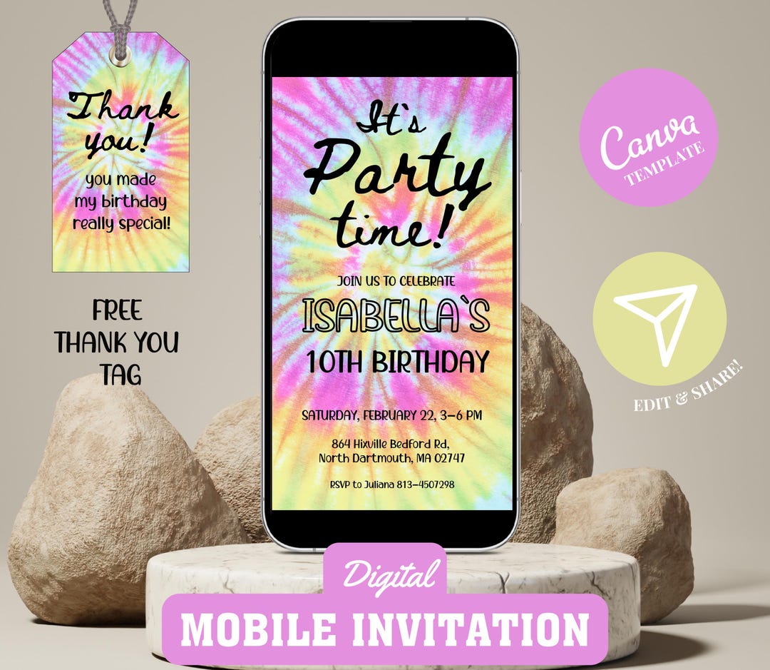 Editable Tie Dye Birthday Invitation, Mobile Tie Dye Art Party Invite ...