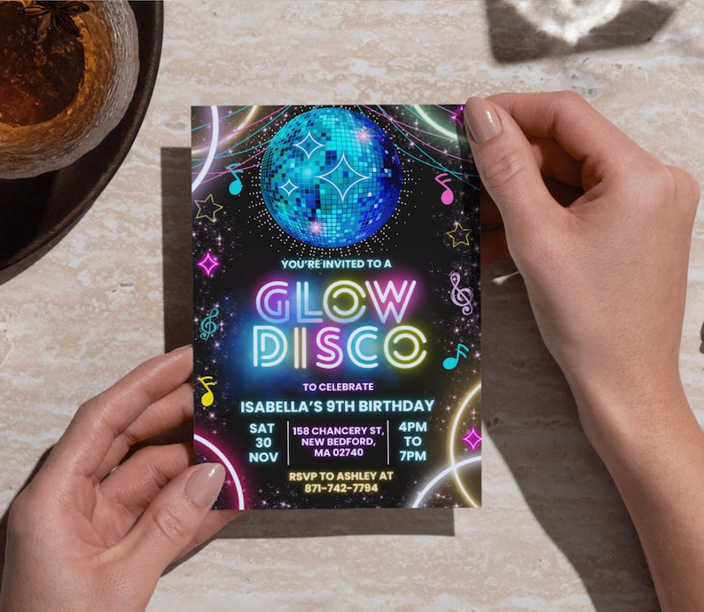 Editable Glow Disco Birthday Invitation, Disco Gender Neutral Invite ...