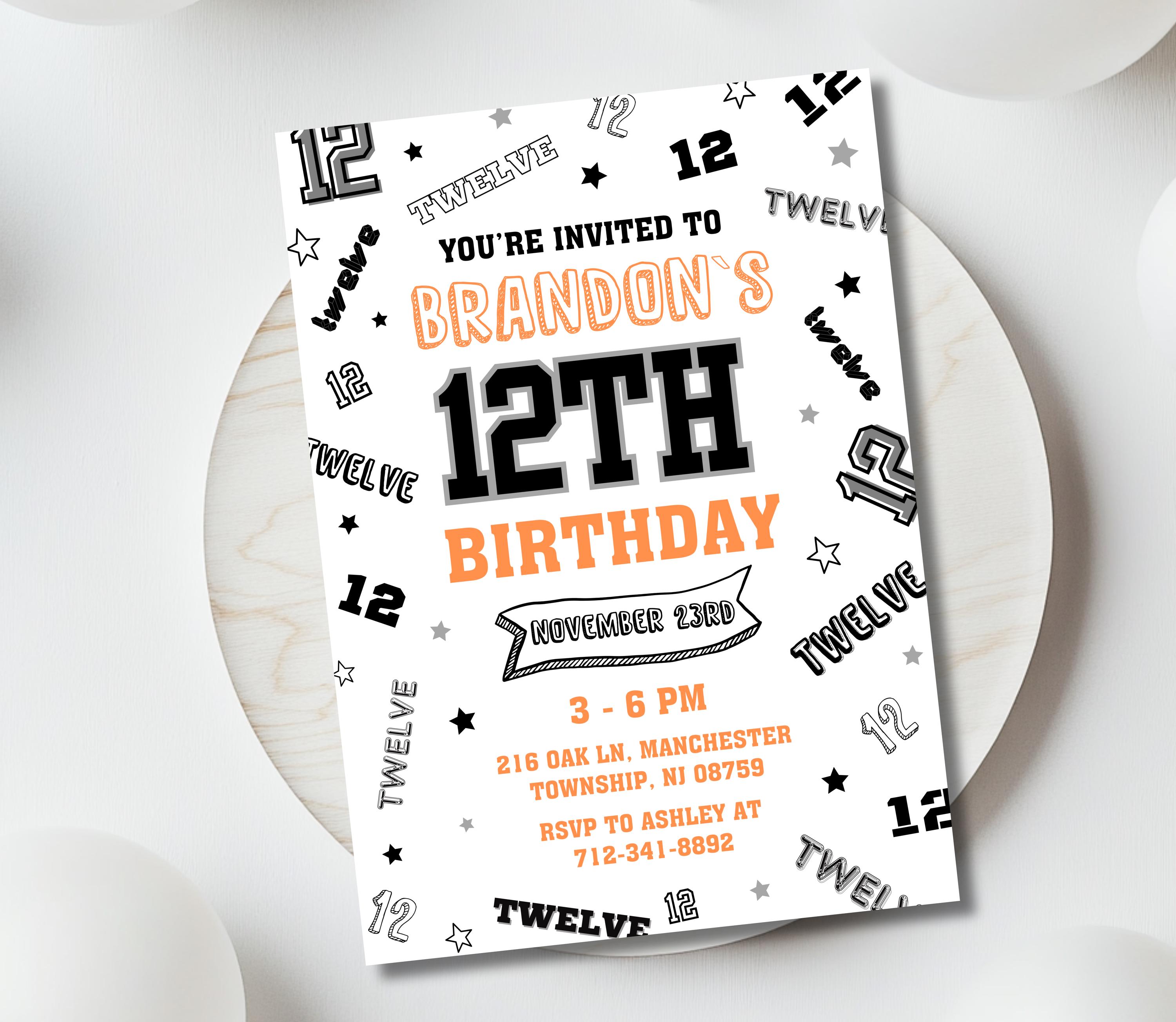 Editable 12th Birthday Invitation, Twelve Invite Numbers Birthday Party ...