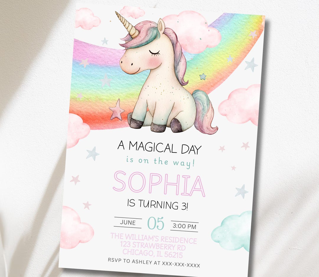 Editable Unicorn Rainbow Birthday Invitation, Fairytale Invite, Over ...