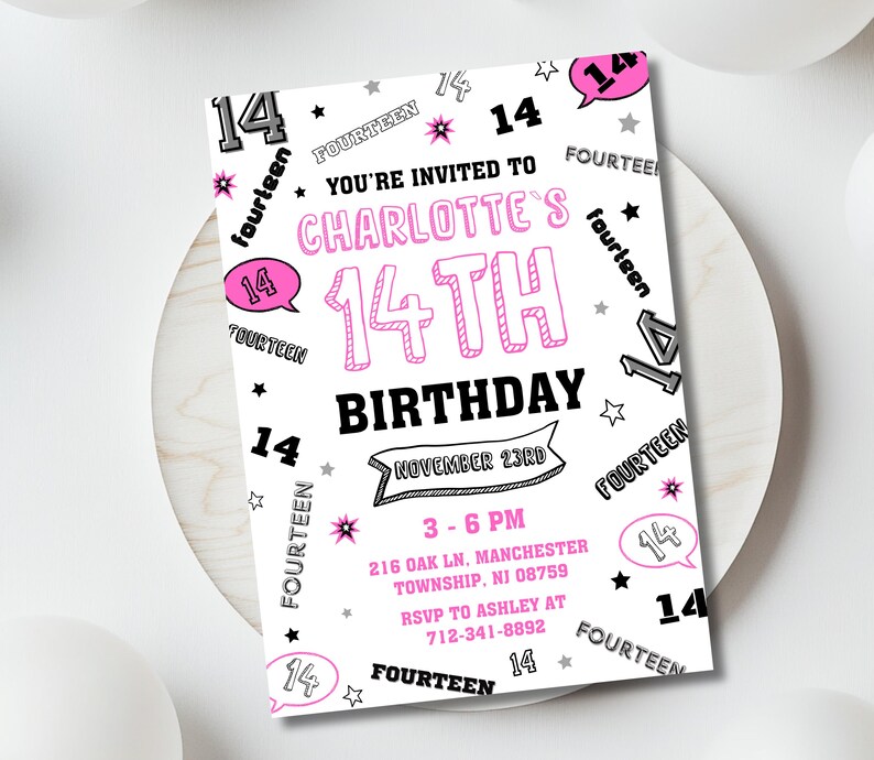 Editable 14th Pink Teen Girl Birthday Invitation, Fourteen Colorful ...