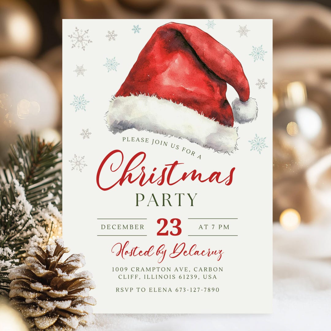Editable Christmas Party Santa Hat Invitation, Holly Jolly Invite ...