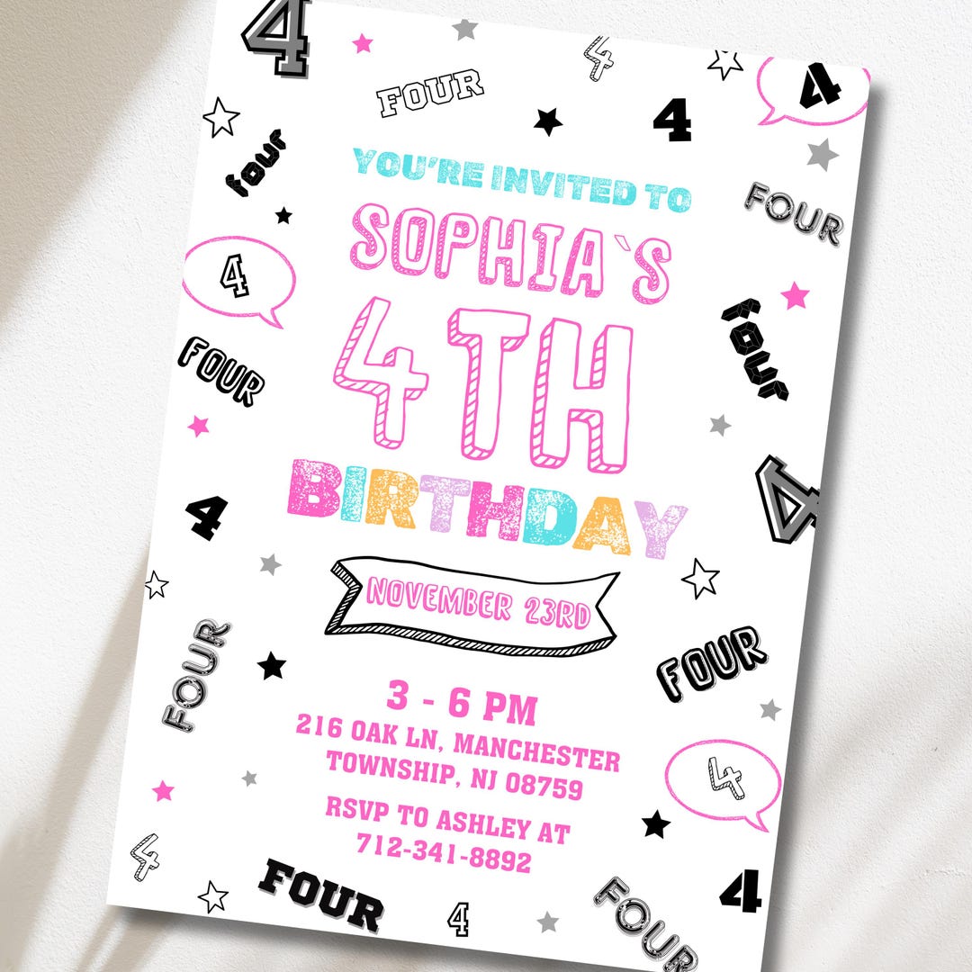 Editable 4th Colorful Girl Birthday Invitation, Four Pink Numbers ...