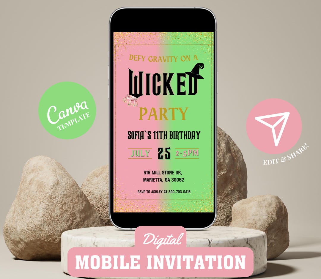 Editable Wicked Movie Birthday Invitation, Defy Gravity Invite, Wicked ...