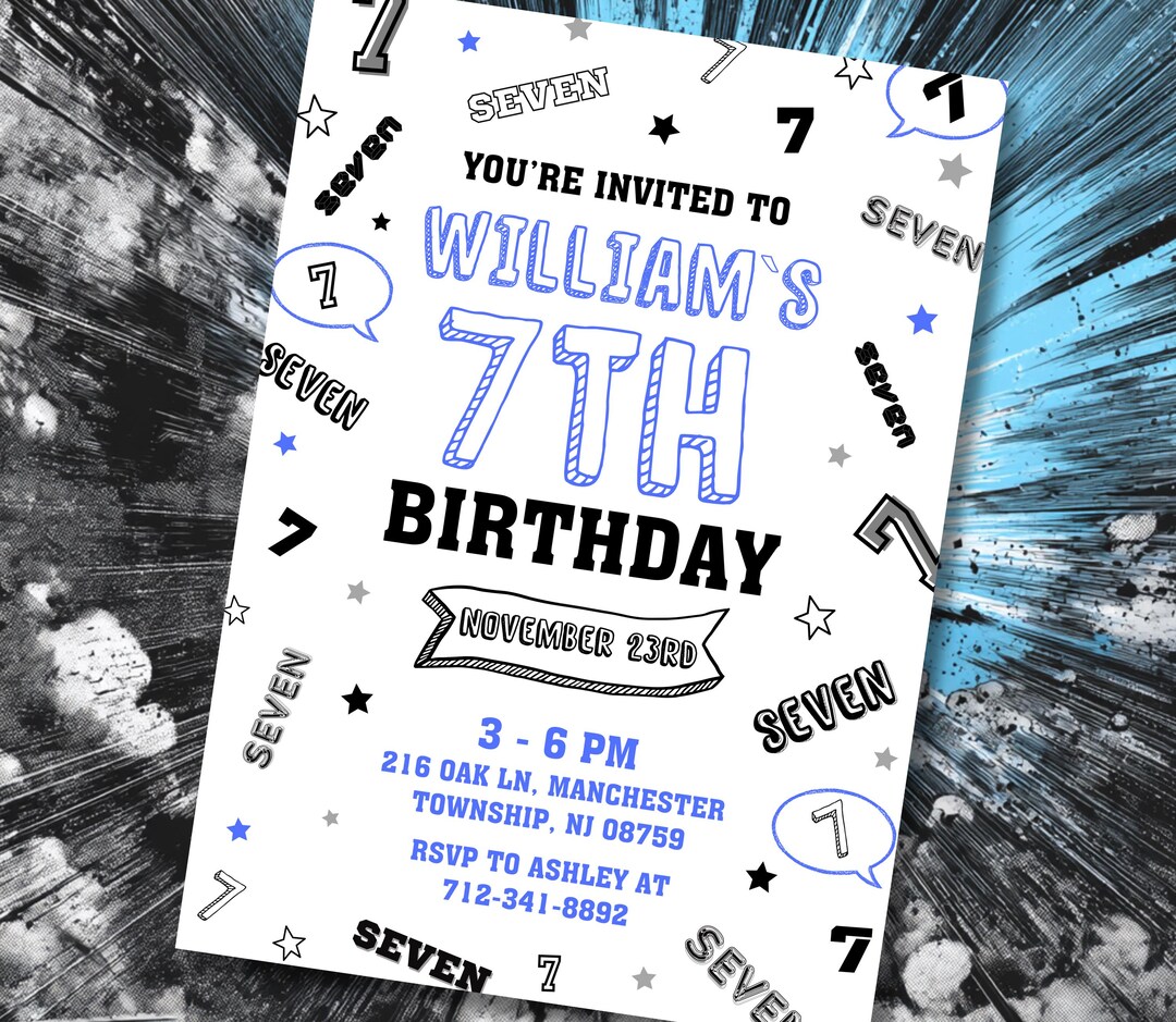 Editable 7th Blue Birthday Invitation, Seven Colorful Numbers Invite ...