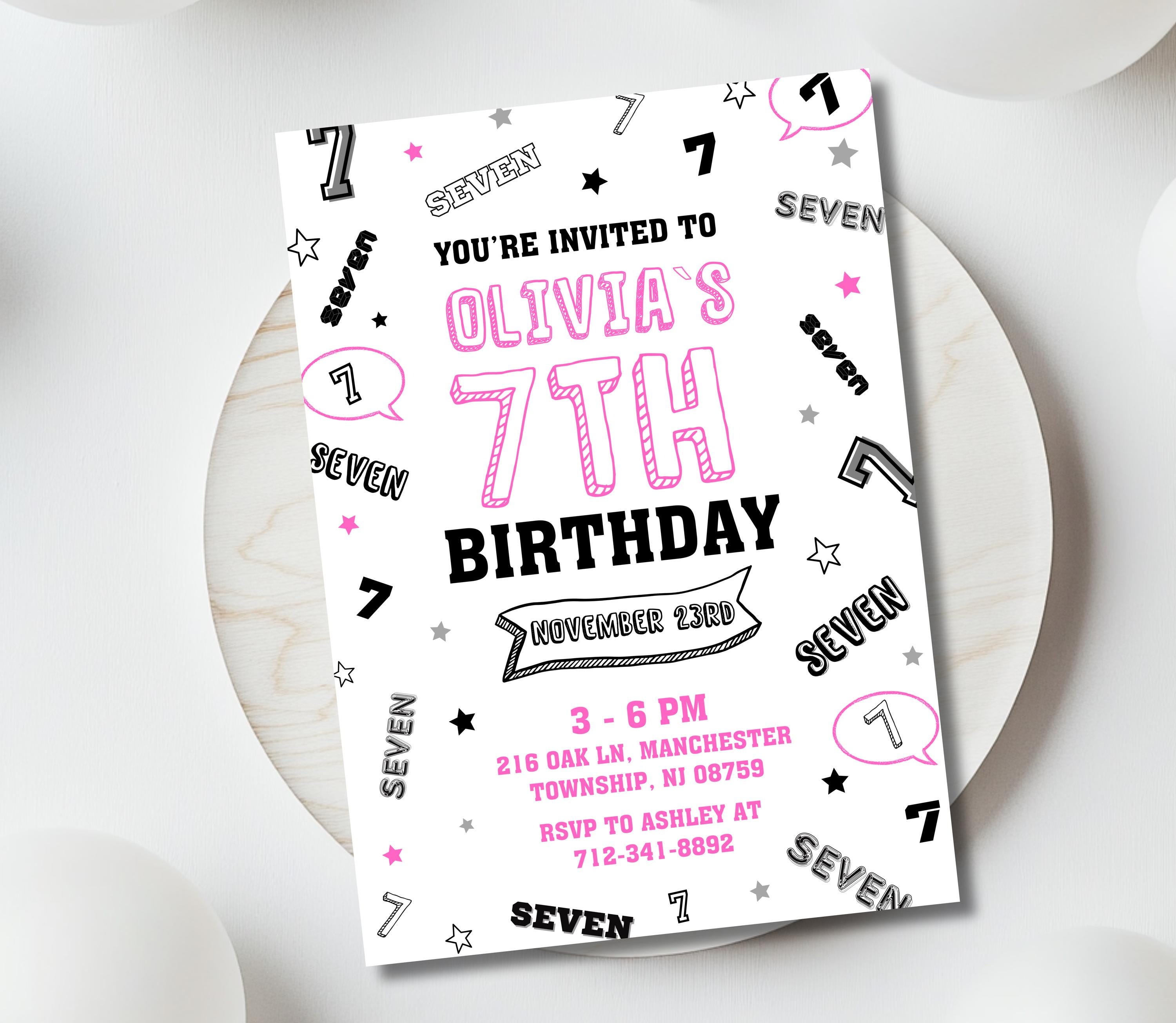 Editable 7th Pink Girl Birthday Invitation, Seven Colorful Numbers ...