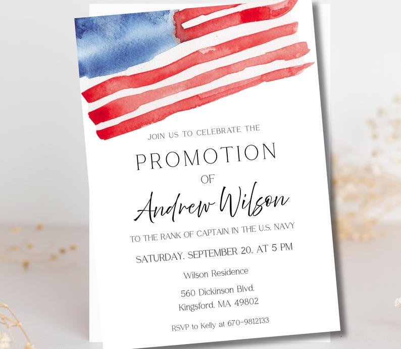 Editable Military Promotion Invitation, American Flag Invite, Navy ...