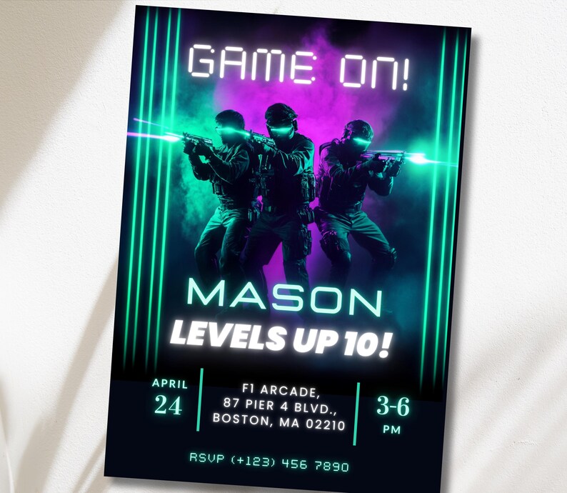Editable Neon Laser Tag Birthday Invitation, Neon Green Blue Glow ...