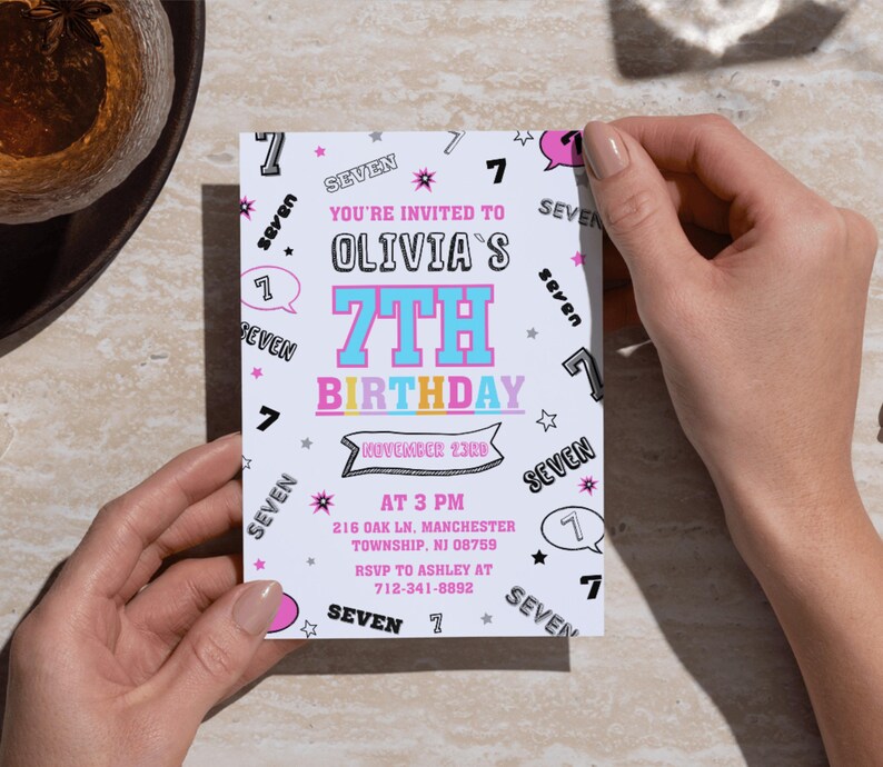 Editable 7th Pink Girl Birthday Invitation, Seven Colorful Numbers ...