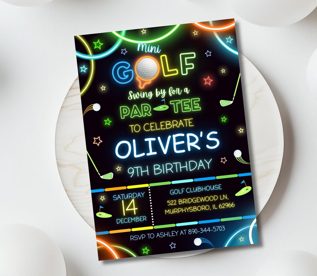 Mini Golf Birthday Invitation, Golf Invite, Neon Golf Party, Boy Golf ...