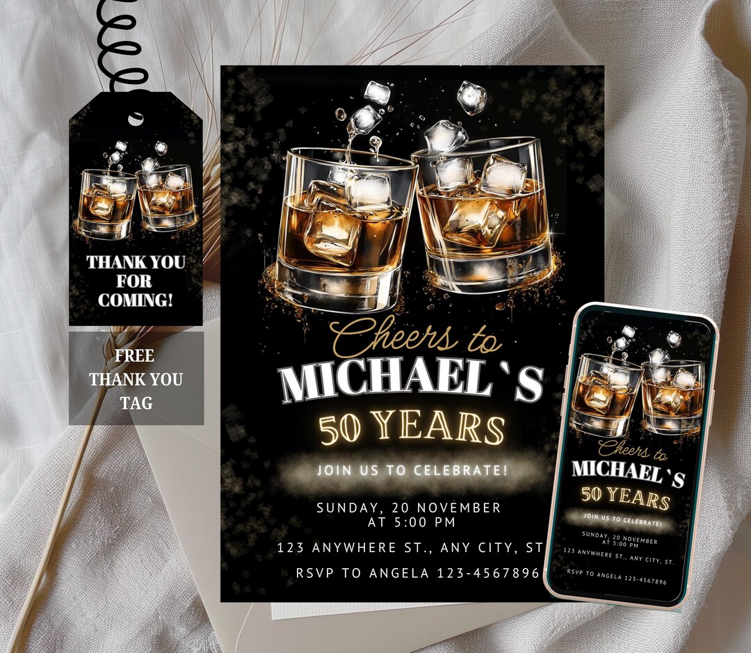 Editable Whiskey Birthday Invitation, Old Fashioned Adult Men Birthday ...