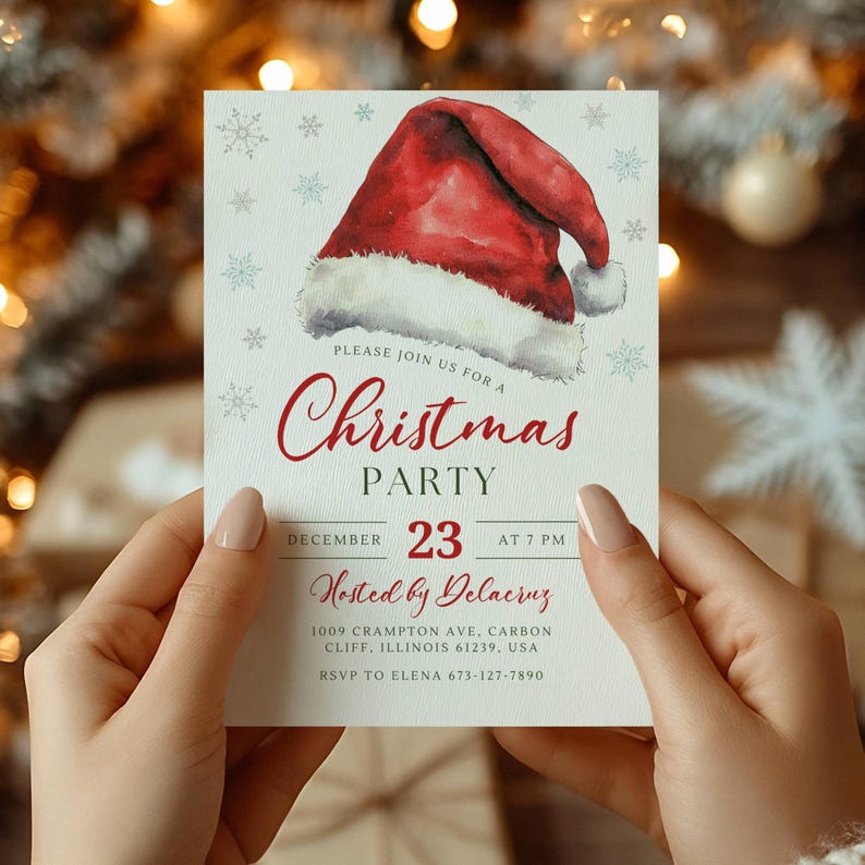 Editable Christmas Party Santa Hat Invitation, Holly Jolly Invite ...