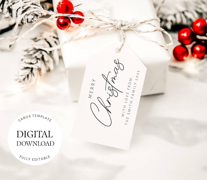 Editable Christmas Gift Tag Template, Minimalist Thank You Note, Xmas ...