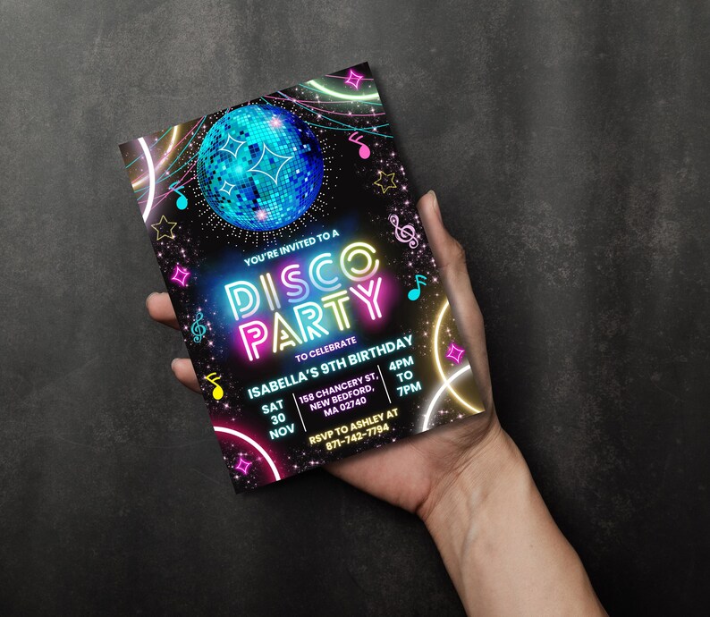 Editable Neon Disco Dance Birthday Invitation, Kids Glow Party Gender ...