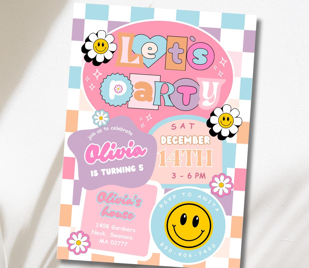Editable Smiley Face Birthday Invite, Groovy Retro Checkered Emoji ...
