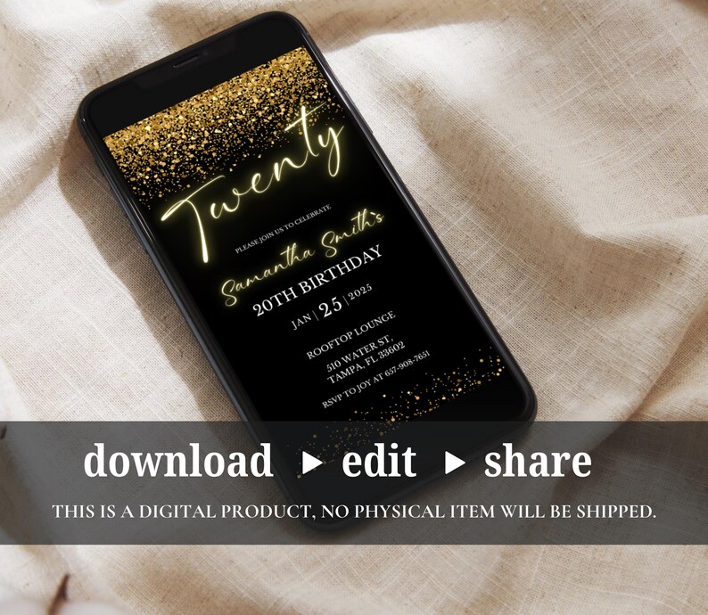 Women 20th Birthday Digital Mobile Evite, Neon Gold 20 Invite, Text ...