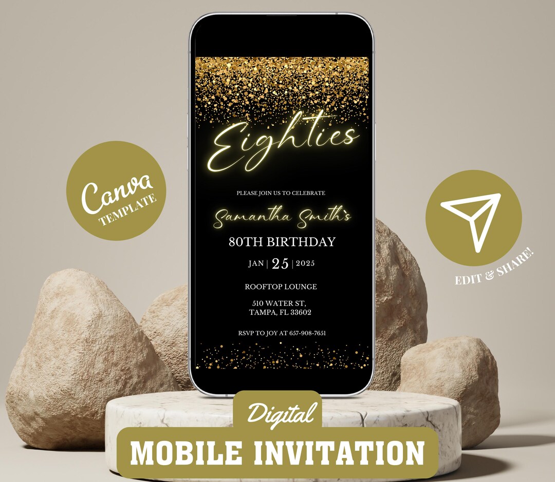 Editable 80th Birthday Invitation, Neon Gold Eighties Evite, Phone Text ...