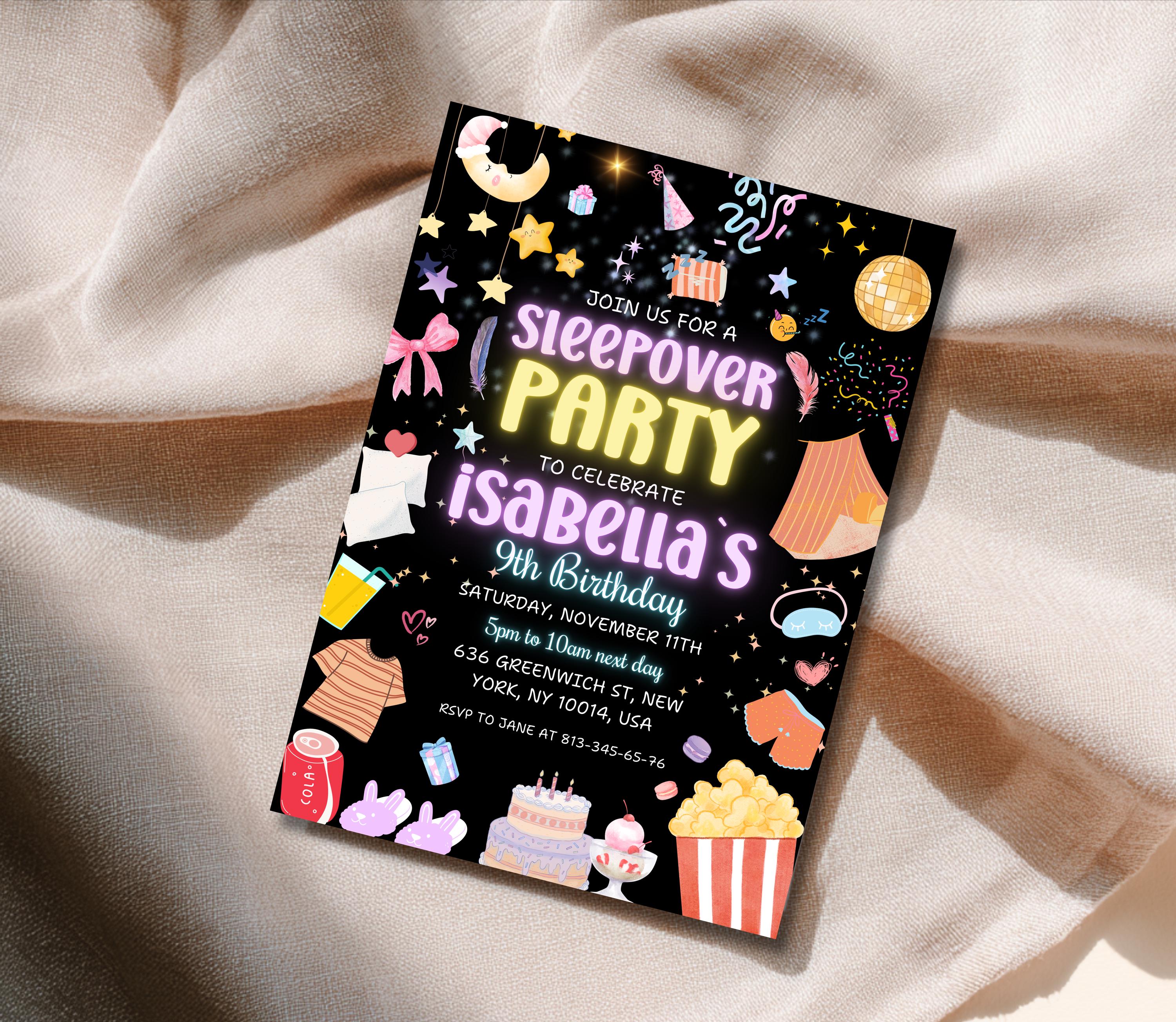 Editable Sleepover Invitation, Slumber Tween Overnight Pajama PJ Party ...