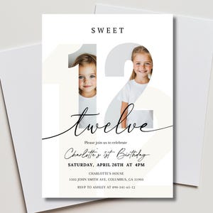 Minimalist Editable Sweet 12th Birthday Invitation, Twelfth Birthday ...