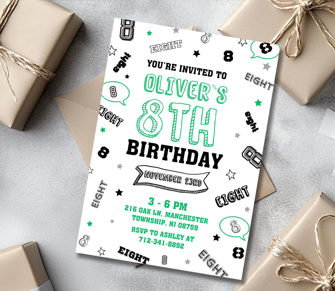 Editable 8th Birthday Invitation, Eight Birthday Invite, 8 Modern ...