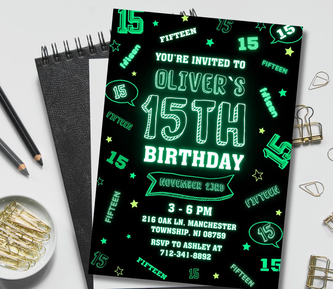 Neon Green 15 Birthday Invitation Template, Fifteen Birthday, 15th ...