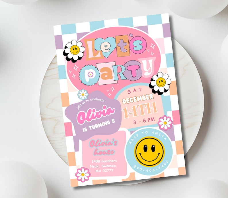 Editable Smiley Face Birthday Invite, Groovy Retro Checkered Emoji ...