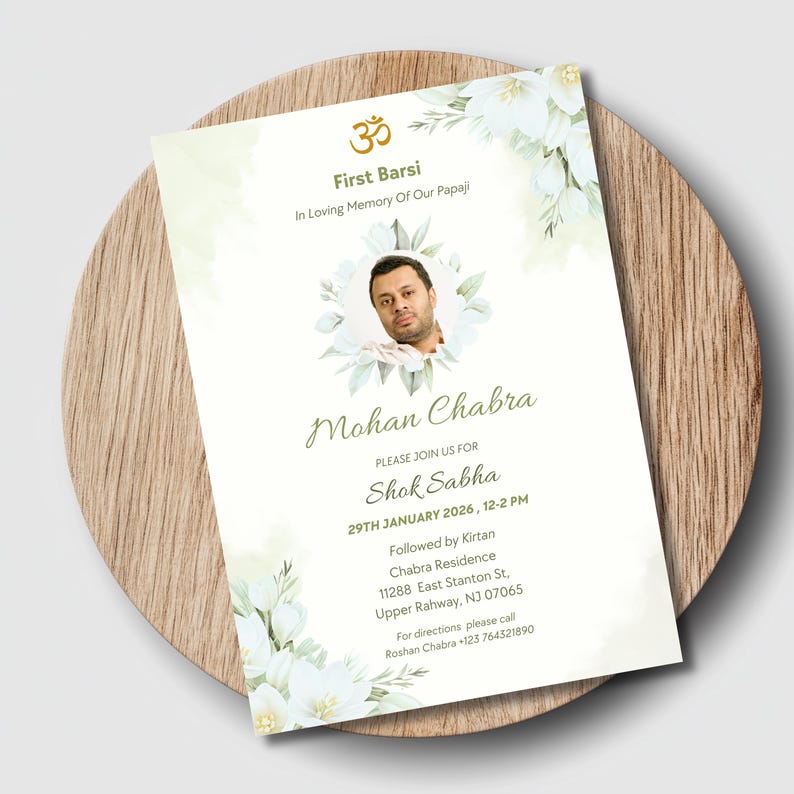Editable Hindu First Barsi Funeral Invitation, Shok Sabha, Kirtan ...