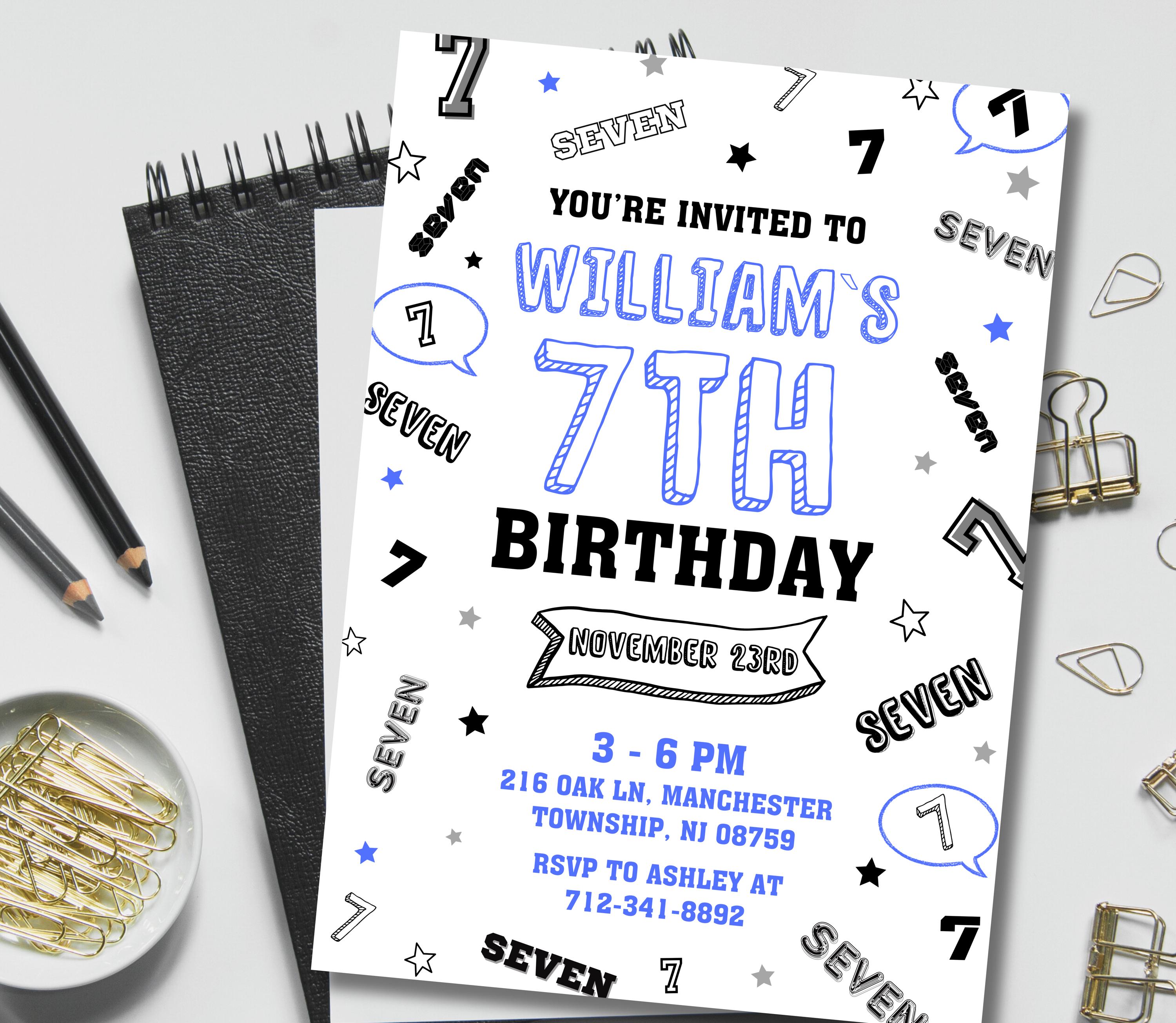 Editable 7th Blue Birthday Invitation, Seven Colorful Numbers Invite ...