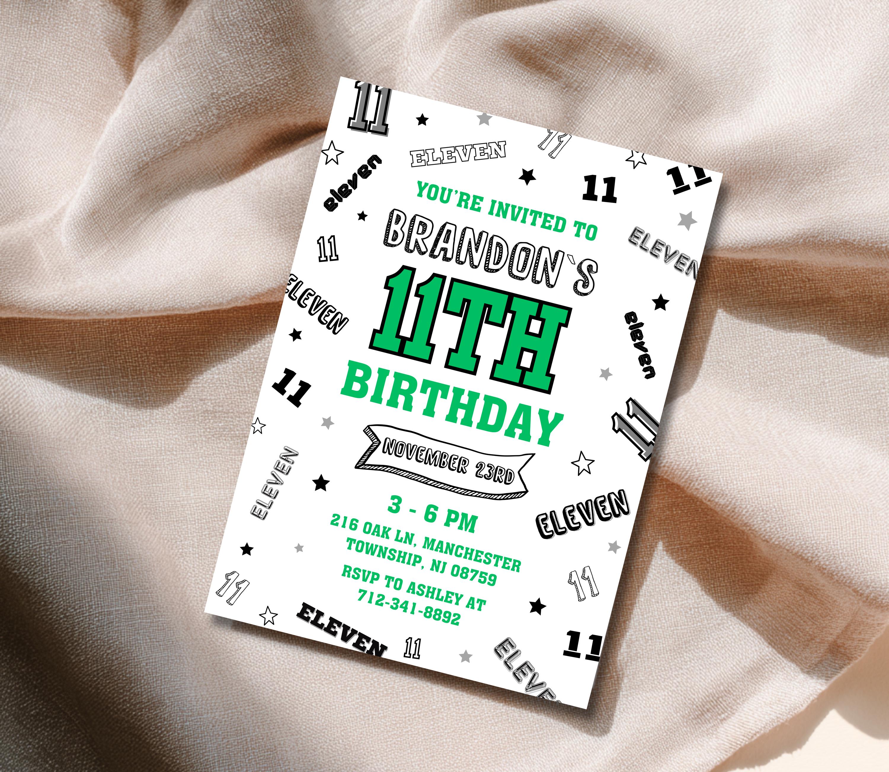 Editable 11th Green Birthday Invitation, Eleven Colorful Numbers Invite ...