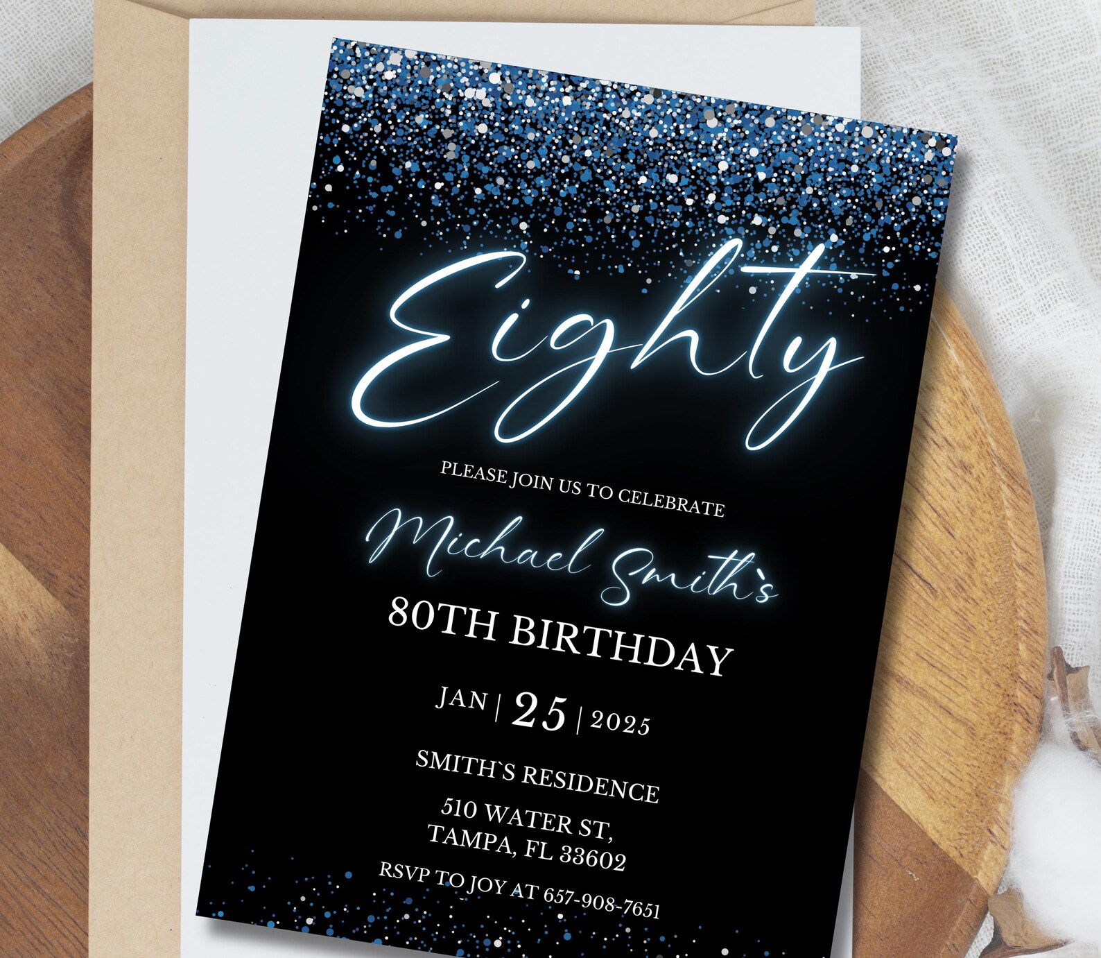 Editable 80th Adult Birthday Invitation, Eighty Neon Blue Men Party ...