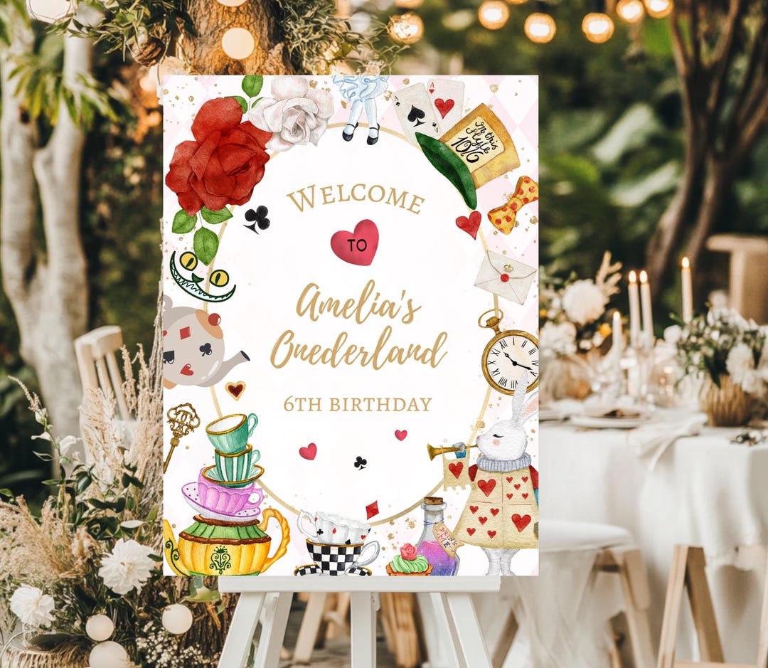 Alice in Wonderland Editable Birthday Pink Welcome Sign Template, Baby ...