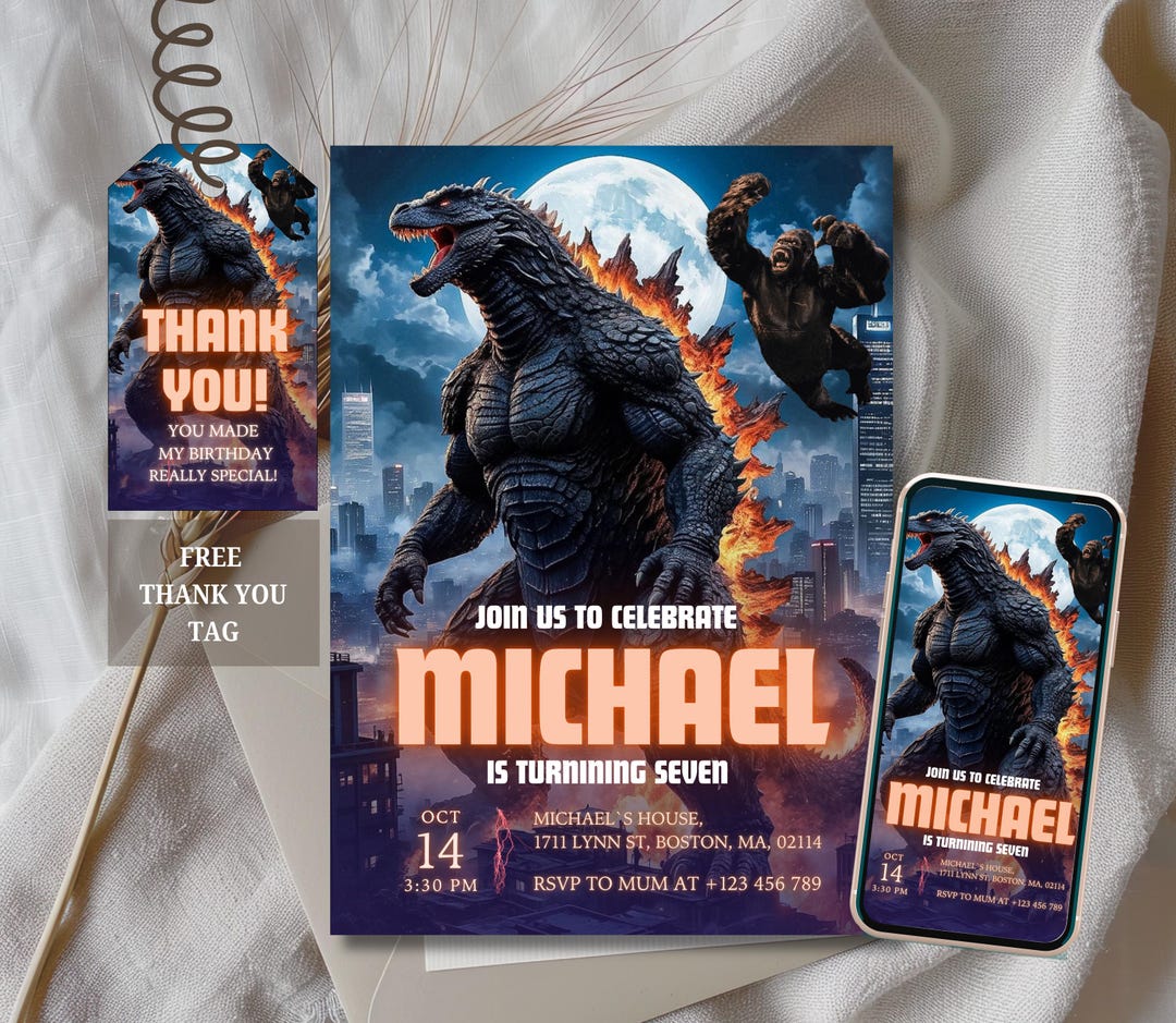 Editable Godzilla Invitation, Kong Printable Invitation, Boys Birthday ...