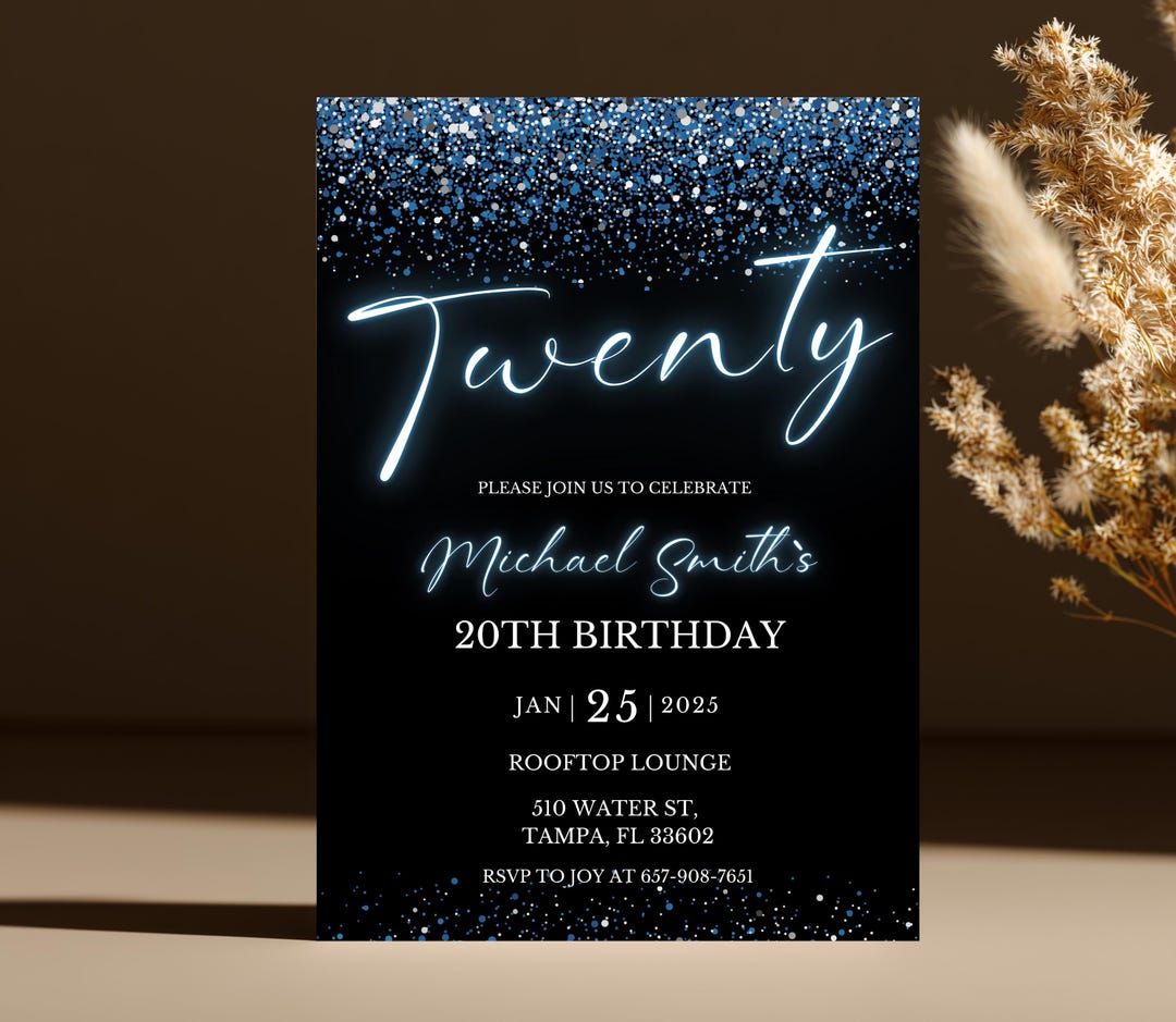 Editable 20th Birthday Invitation, Adult Men Invite, Neon Blue Party ...