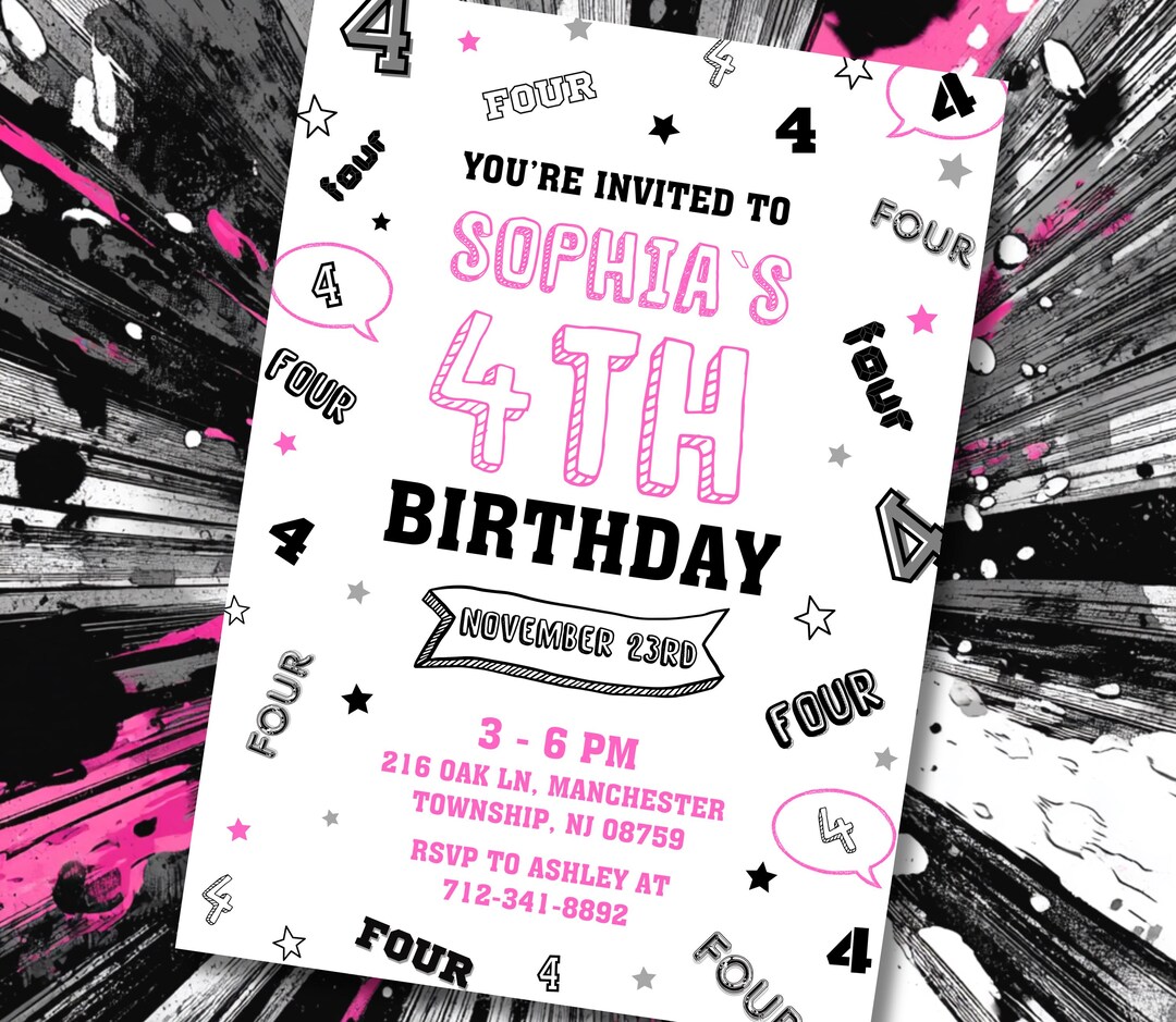 Editable 4th Pink Girl Birthday Invitation, Four Colorful Numbers ...